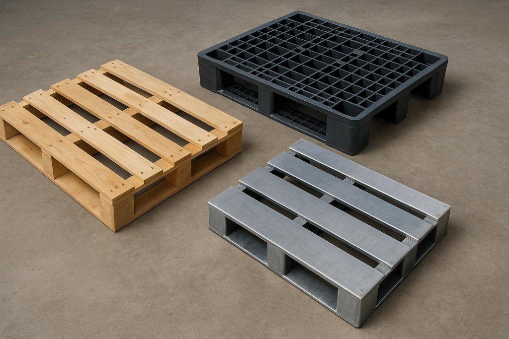 Pallets: Wooden, plastic, and metal types.